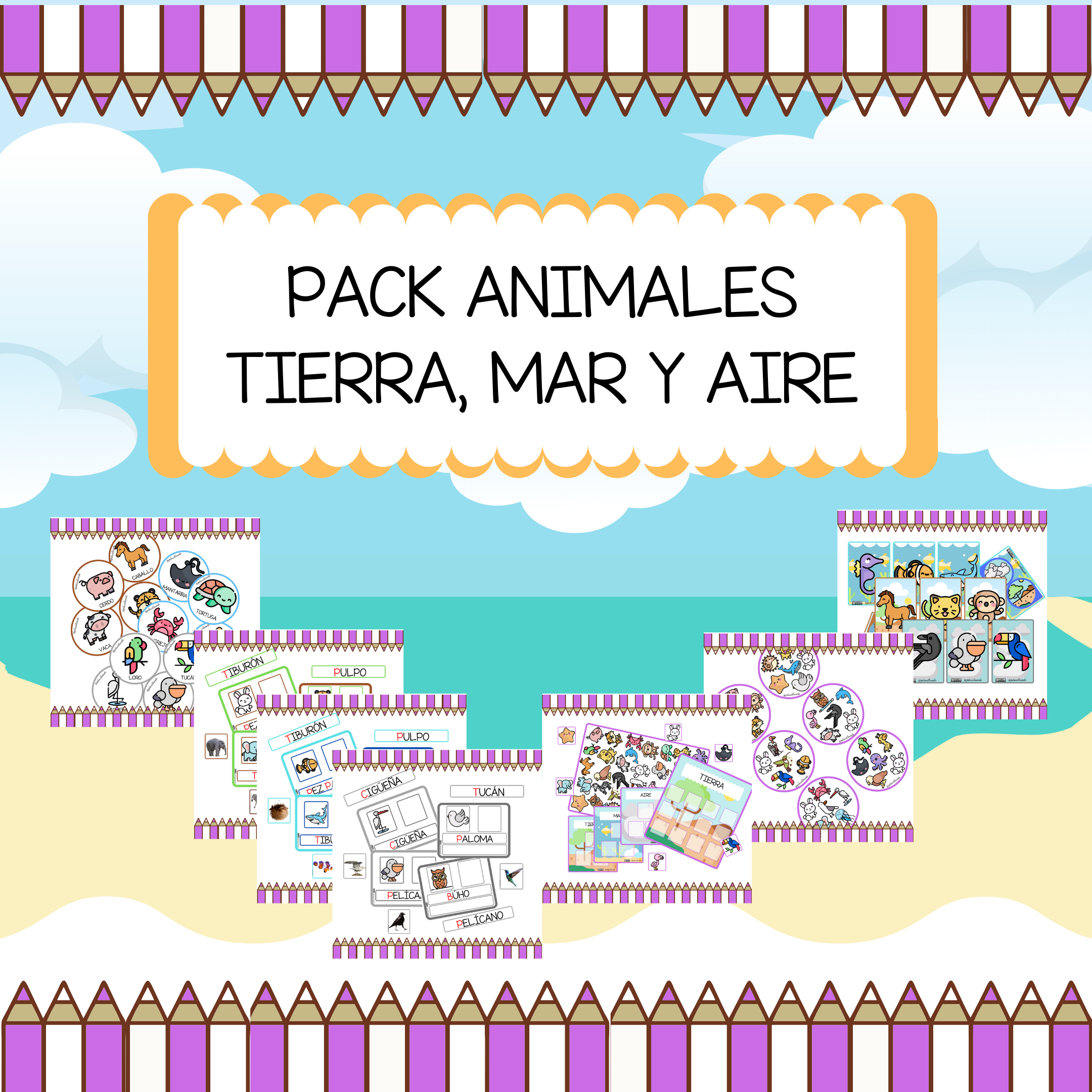Profes Papel Tijera Pack de juegos de animales de tierra, mar y aire.