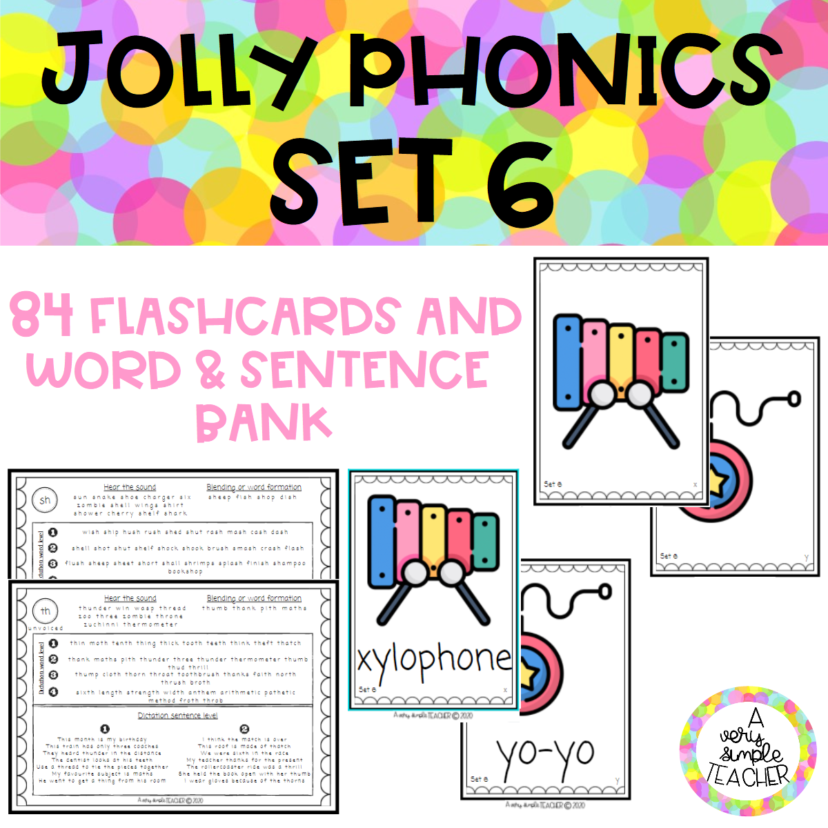 Profes Papel Tijera JOLLY PHONICS SET 6 Flashcards and word-sentence bank
