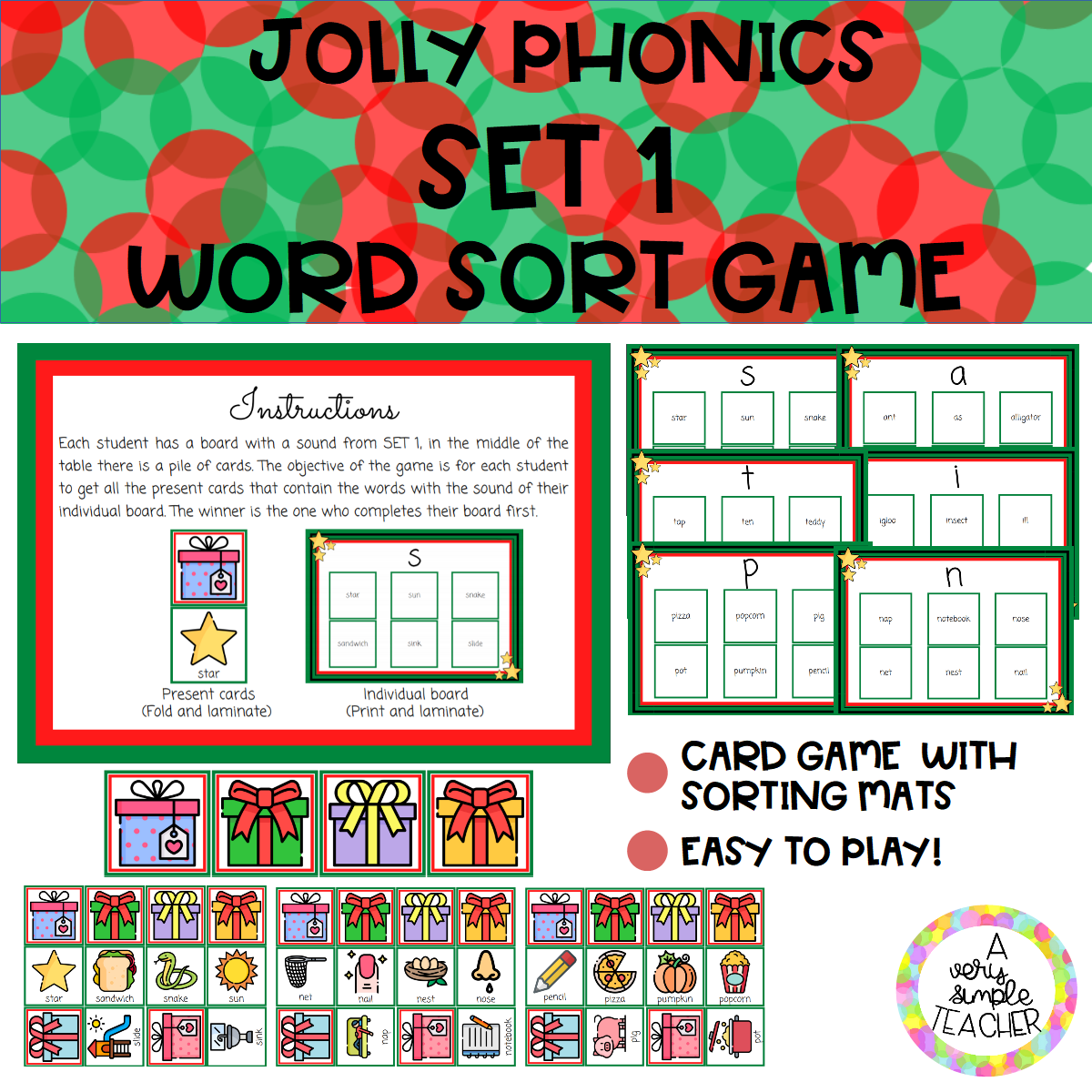 Profes Papel Tijera JOLLY PHONICS SET 1 Christmas word sort game