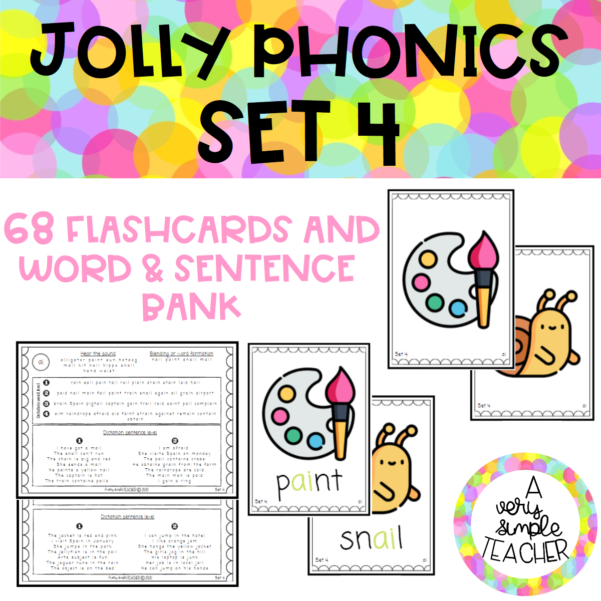 Profes Papel Tijera JOLLY PHONICS SET 4 Flashcards and word-sentence bank