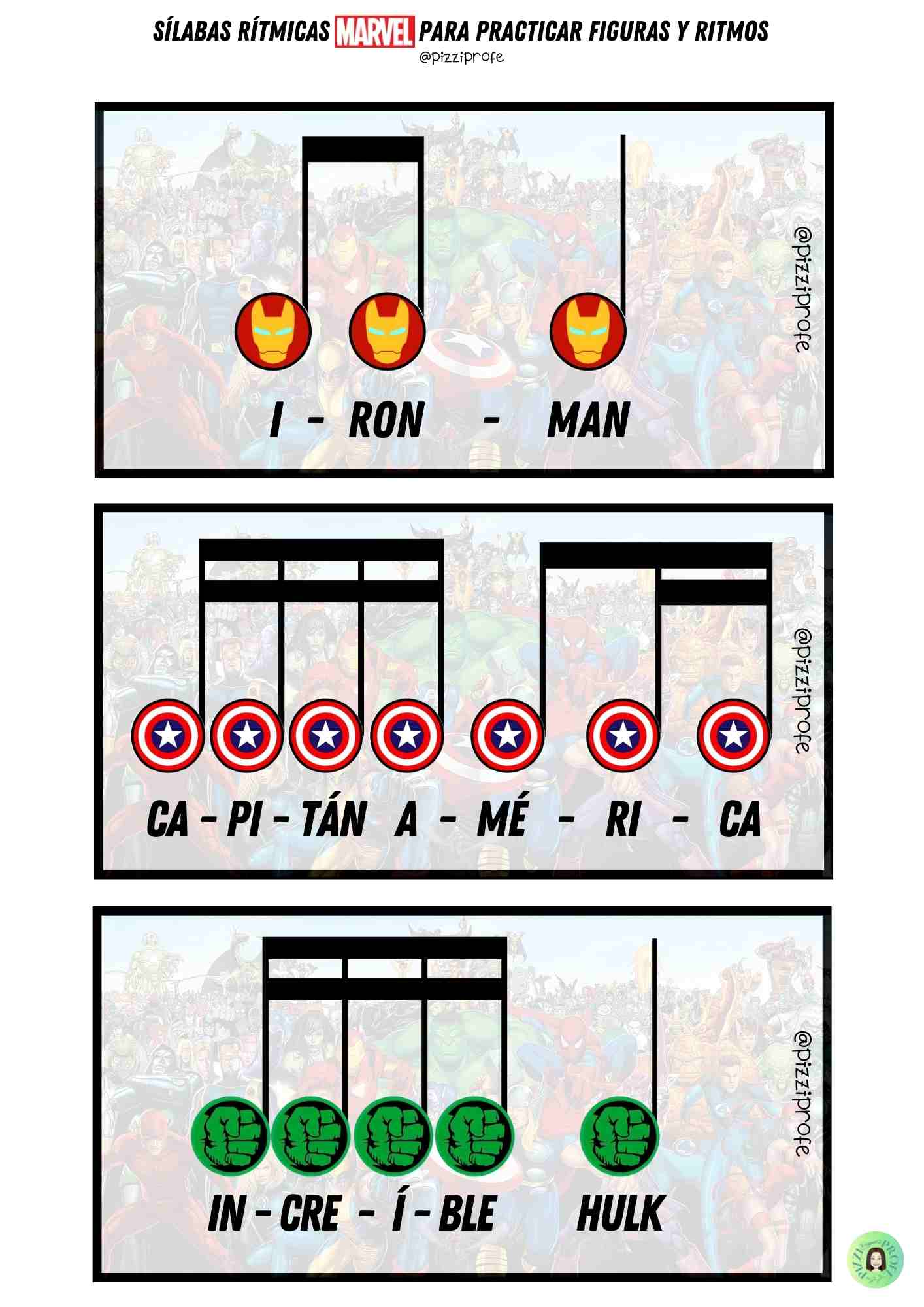 Profes Papel Tijera Sílabas rítmicas Marvel by @pizziprofe