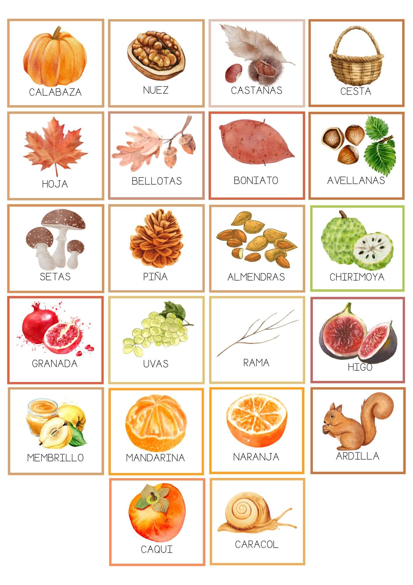 Profes Papel Tijera vocabulario de otoño castellano mayúsculas