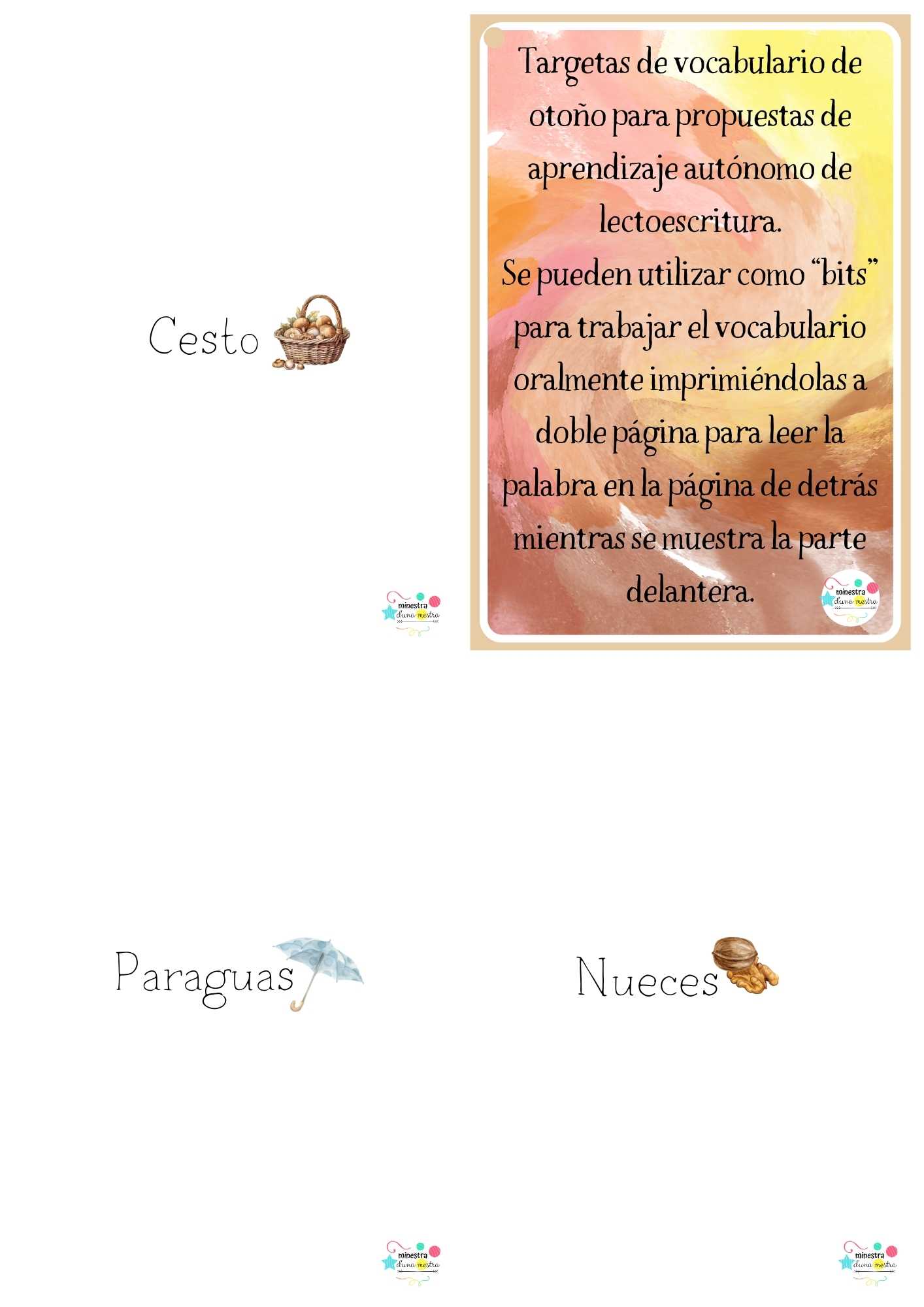 Profes Papel Tijera Targetas de vocabulario de OTOÑO (4/página)