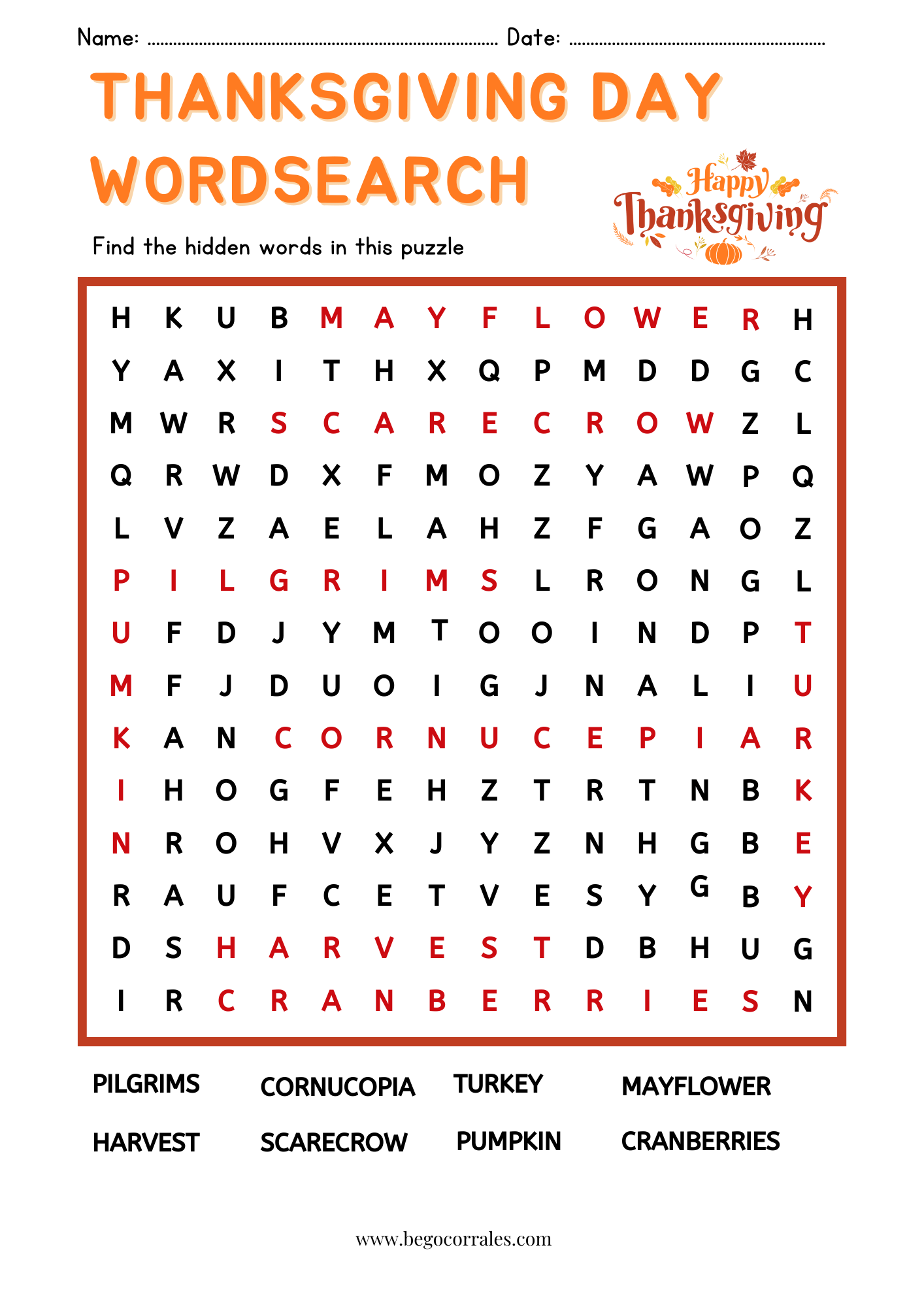 Profes Papel Tijera Thanksgiving Day Wordsearch