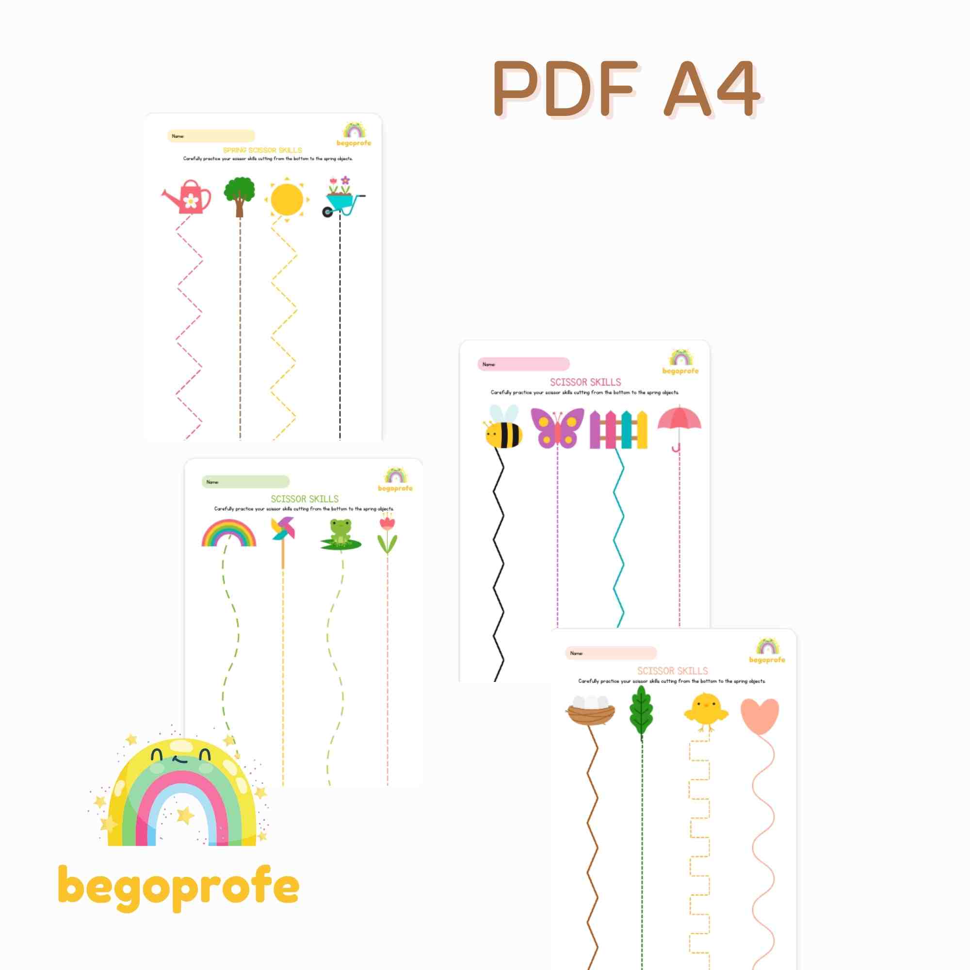 Profes Papel Tijera Fichas recortado de primavera, motricidad fina