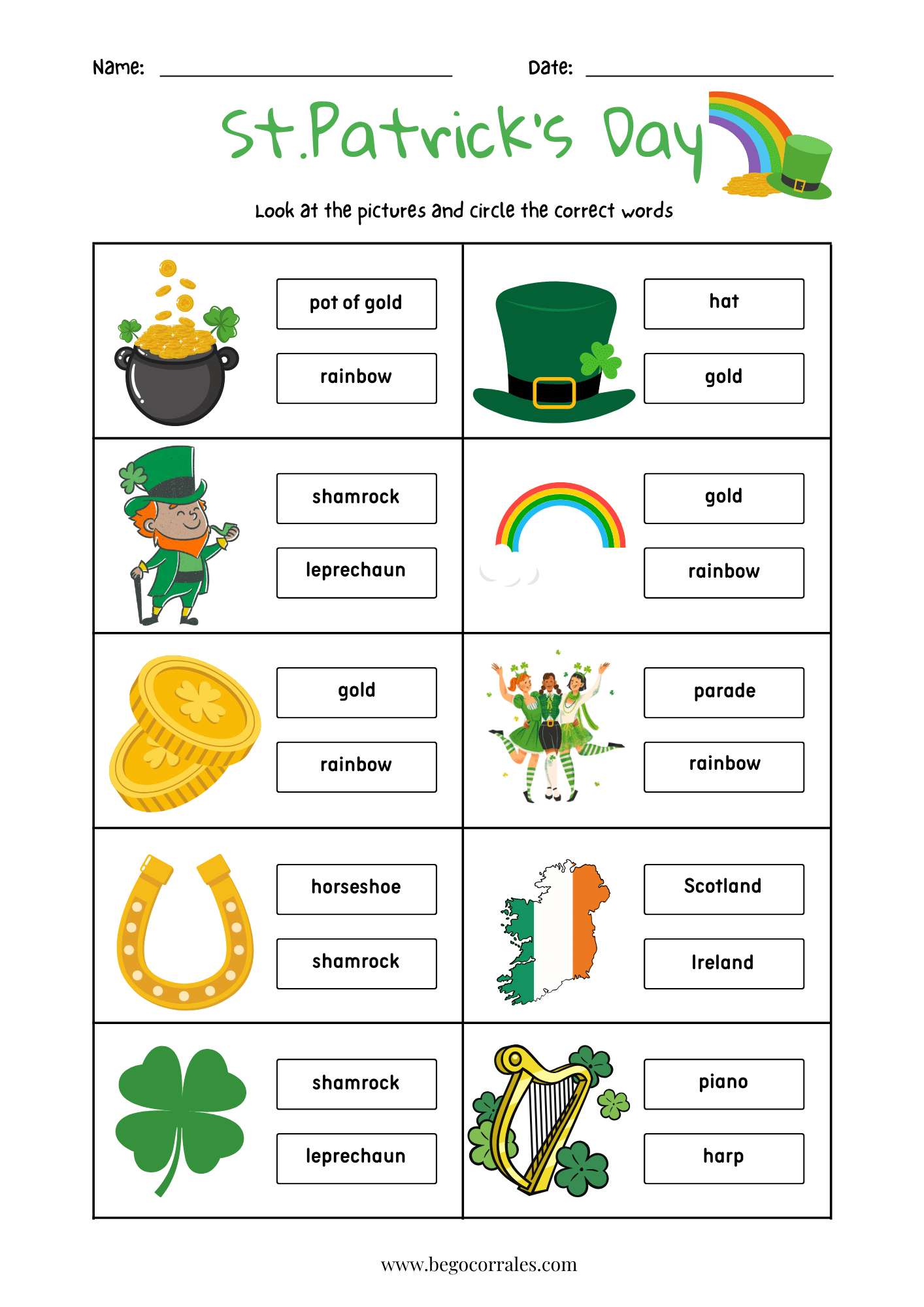 Profes Papel Tijera St. Patrick's Day Vocabulary