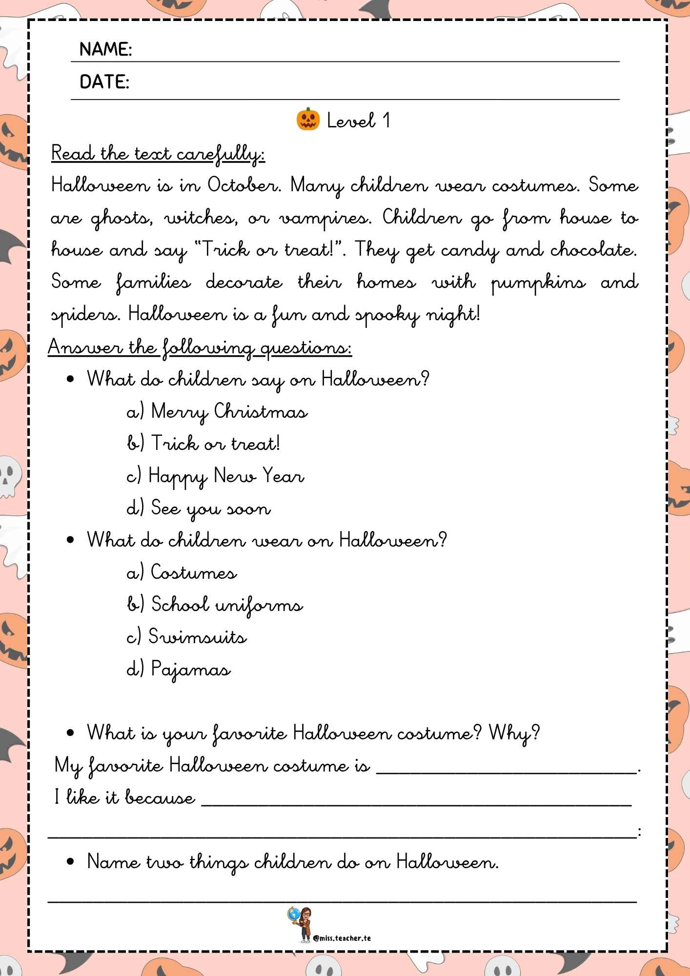 Profes Papel Tijera Halloween: Reading comprehensions (1º a 6º)
