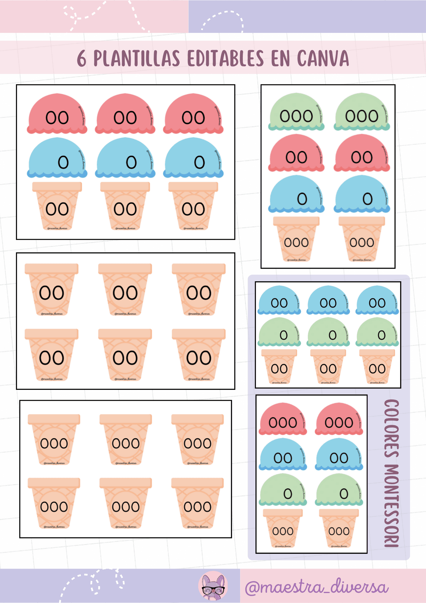 Profes Papel Tijera Heladería de números (plantillas editables Canva)