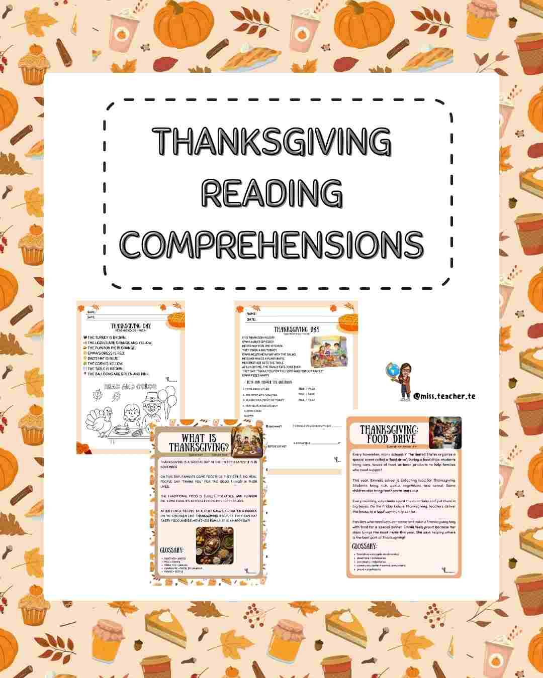 Profes Papel Tijera Thanksgiving reading comprehensions (4 levels)